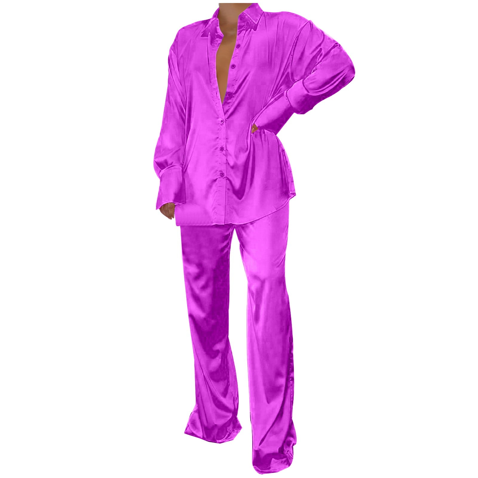 Rydcot Womens Pajama Sets Long Sleeve Long Pants Sleepwear Satin Solid