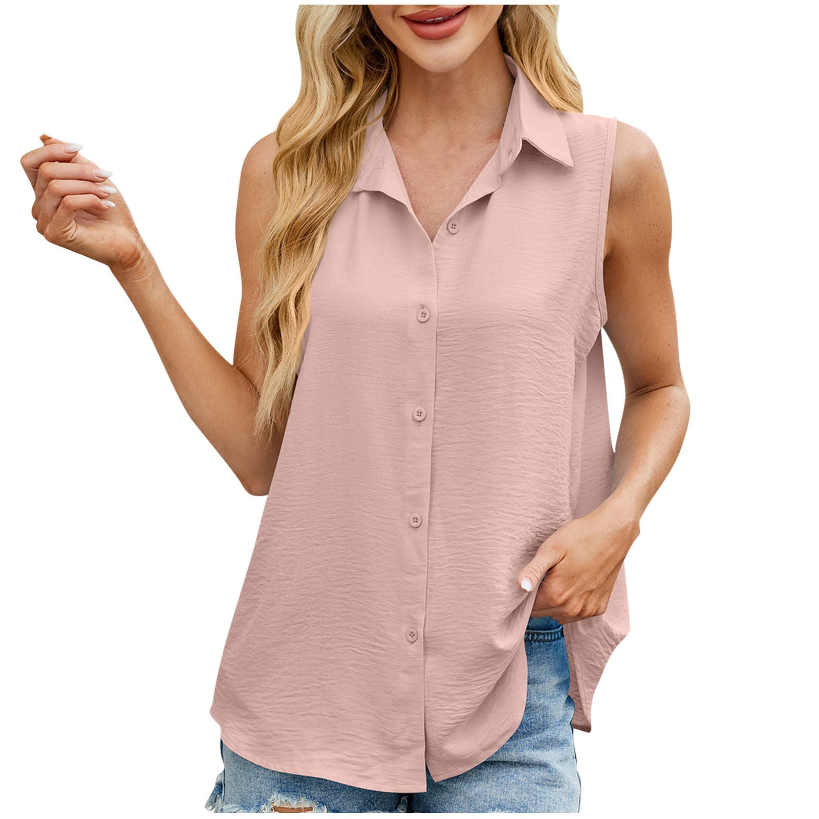 RYDCOT Womens Sleeveless Button Down Shirts Summer Solid Color Turndown Collar Tank Top Blouses ...