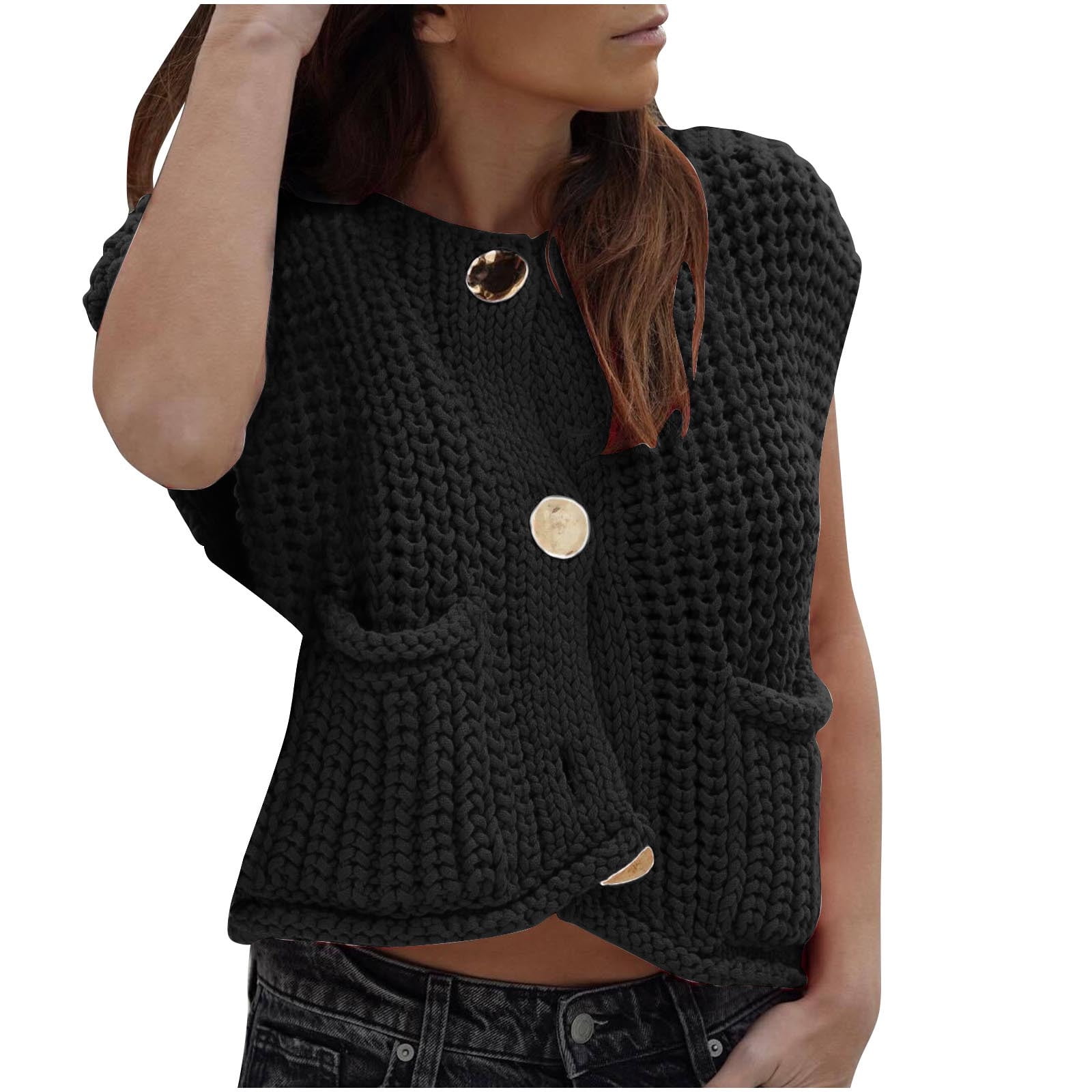 RYDCOT Womens Sleeveless Knit Cardigan Sweaters Vest Casual Cropped ...