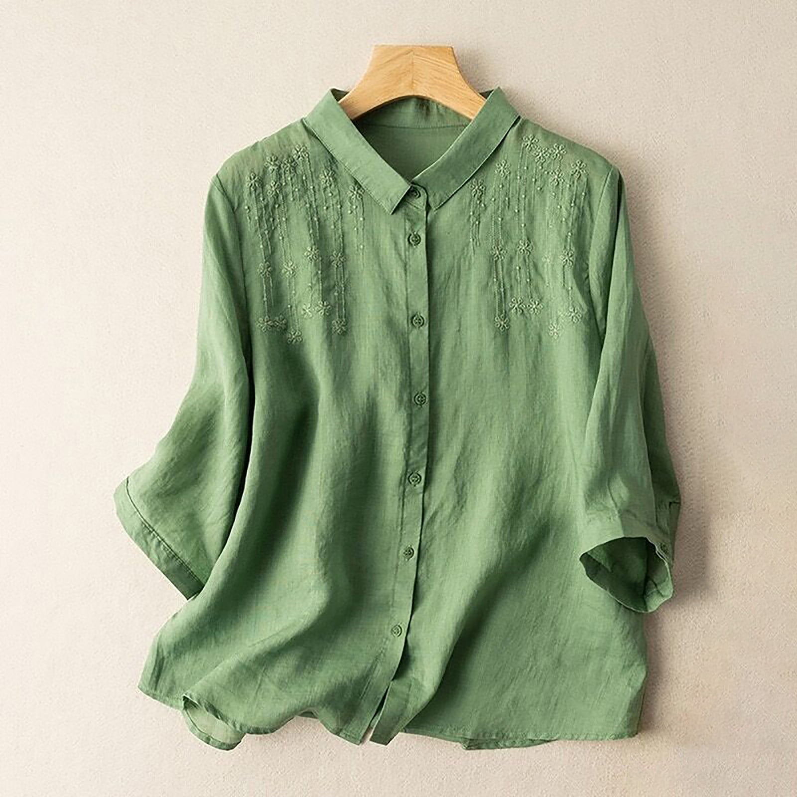 RYDCOT Womens Summer Gauze Tops and Blouses 3/4 Length Sleeve Cotton Linen Shirts Embroidery ...