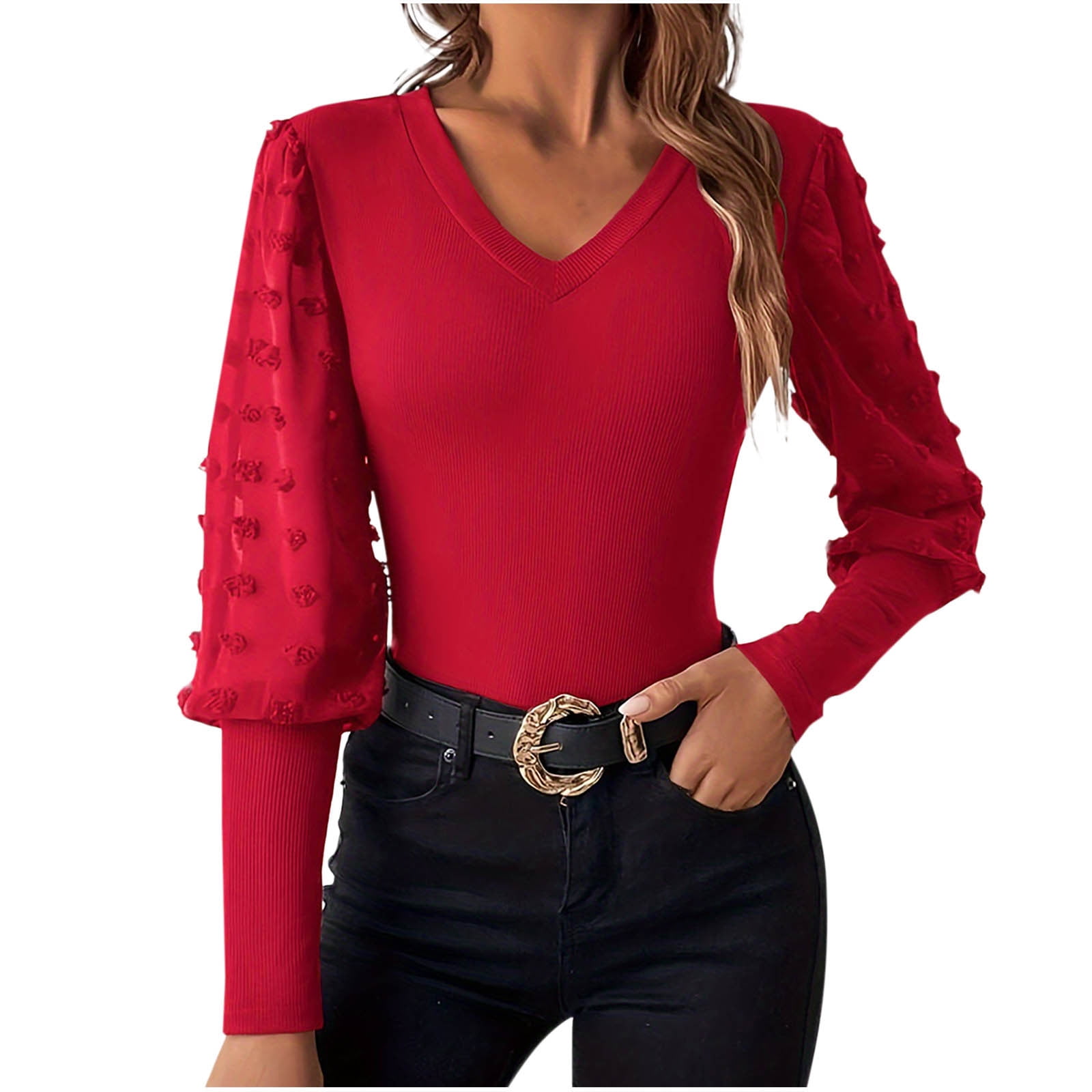 RYDCOT Womens Tops Ribbed V Neck Tops Slim Fit Sheer Mesh Lantern Sleeve Polka Dot Knit Business ...