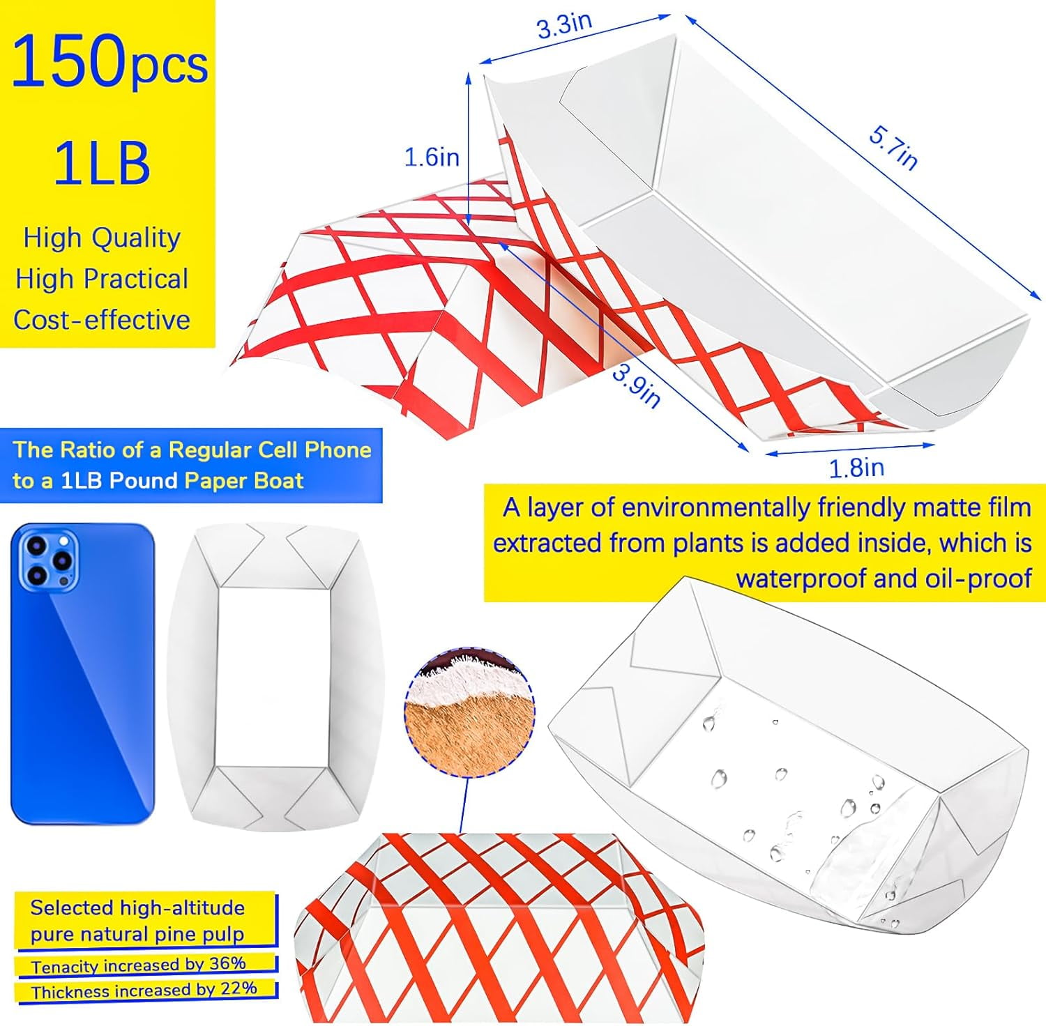 RYJUYJ-150 Pack Checkered 1Lb Paper Food Boat Trays Disposable Paper ...