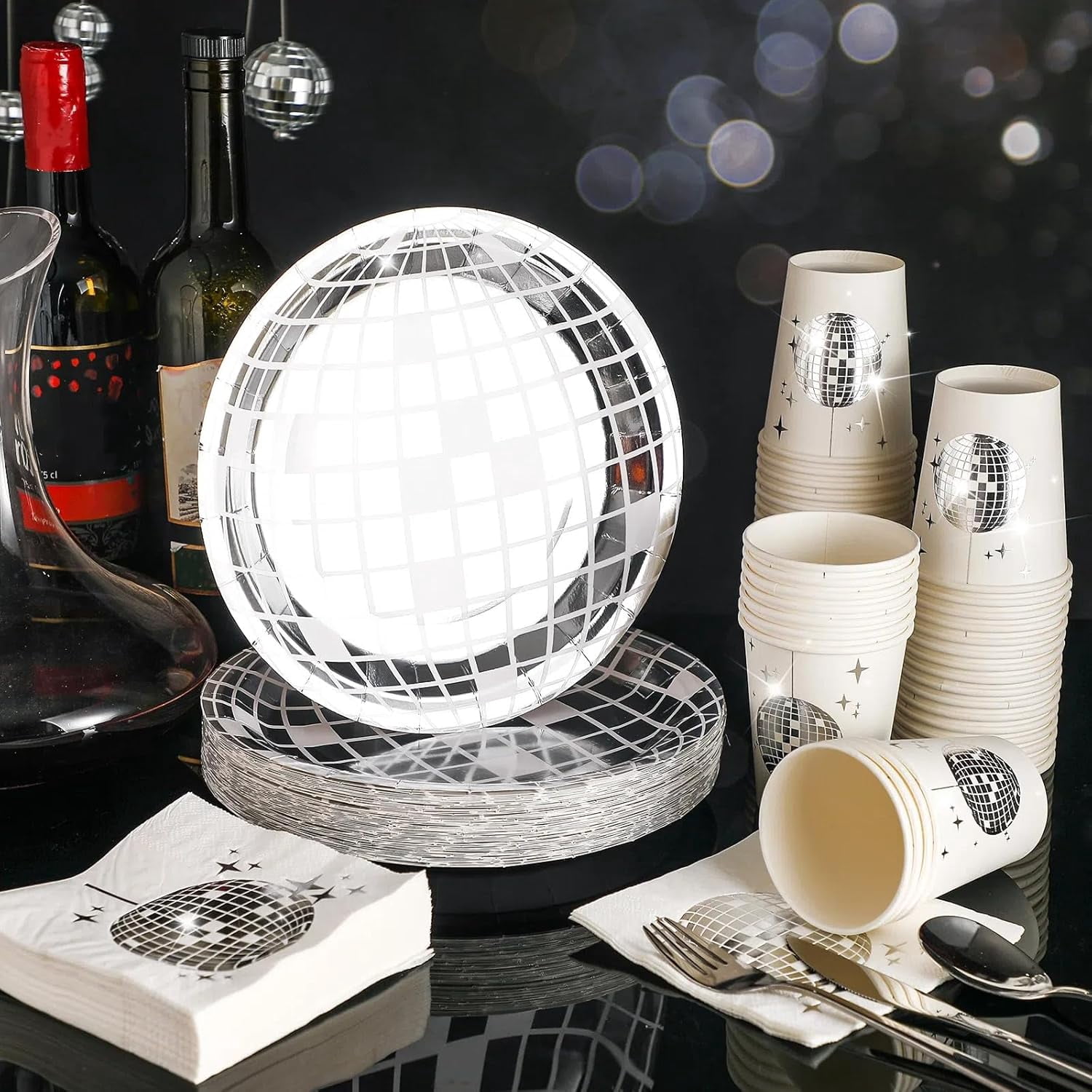 RYJUYJ-150 Pcs 70s Disco Party Supplies Silver Disco Ball Paper Dinner ...