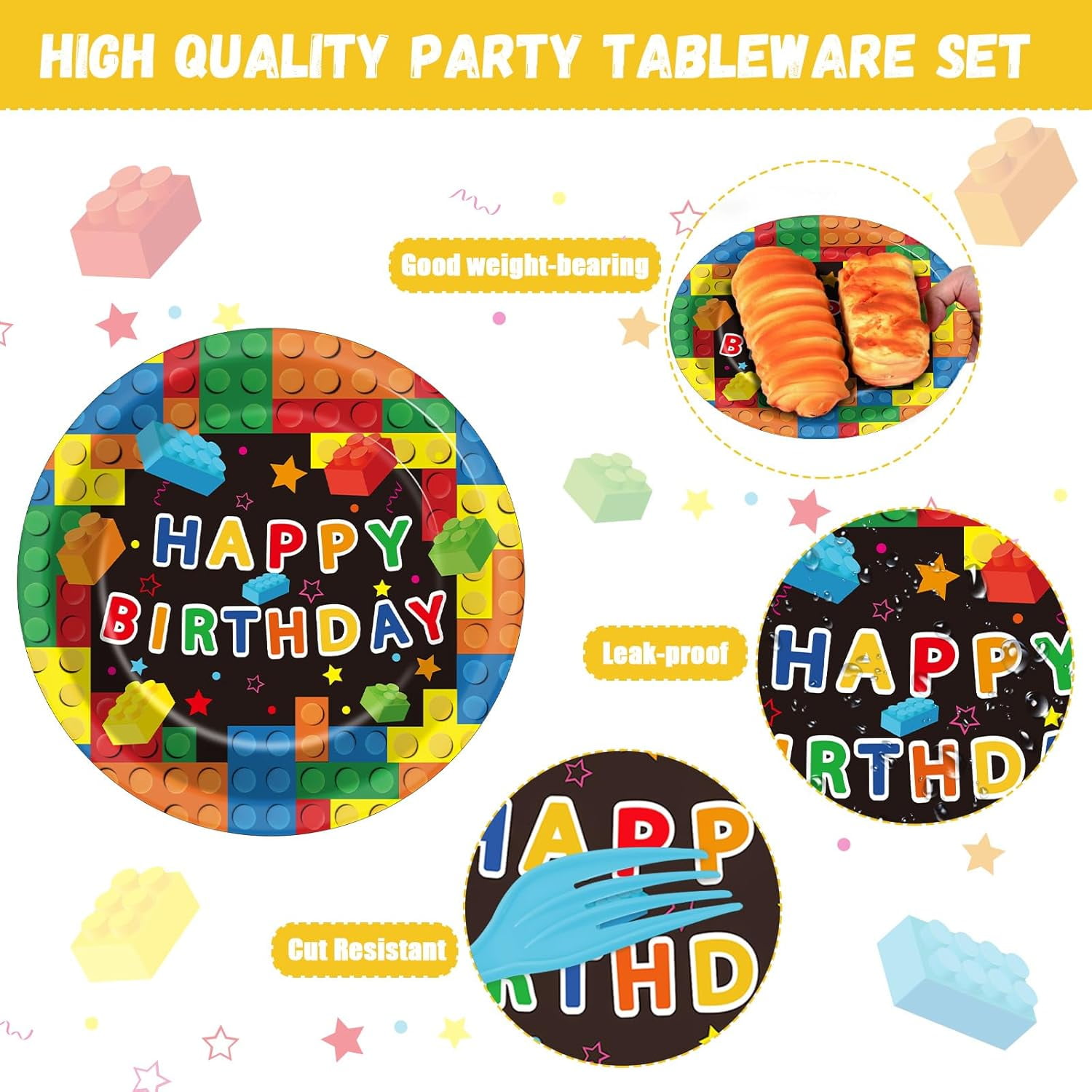 RYJUYJ-200 Pcs Building Blocks Birthday Party Supplies Paper Plates ...
