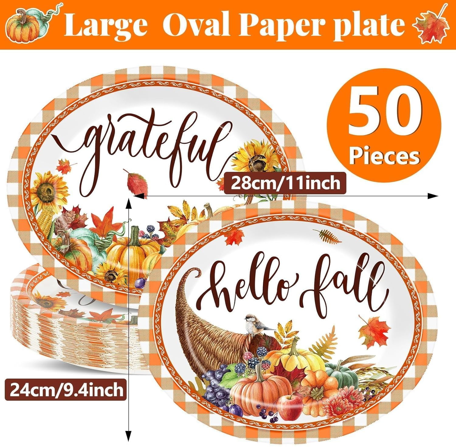 RYJUYJ-50 PCS Fall Paper Plates Thanksgiving Oval Paper Plates Pumpkin ...