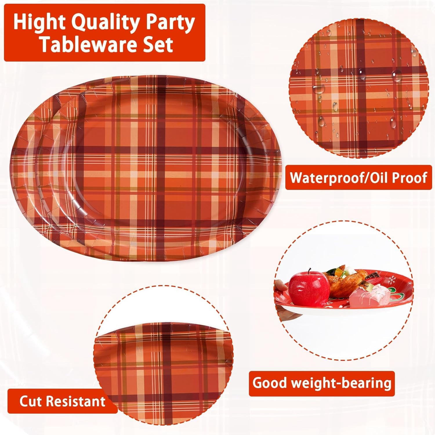 RYJUYJ-50Pcs Fall Gingham Oval Paper Plates 10" x 12" Large Heavy Duty ...