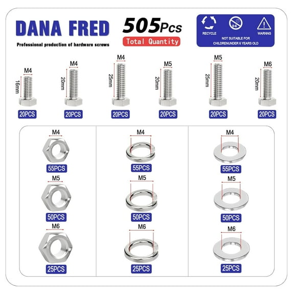 RYJUYJ-510pcs Hex Head Cap Screws Bolts Washers Kit,M4M5M6 304 ...