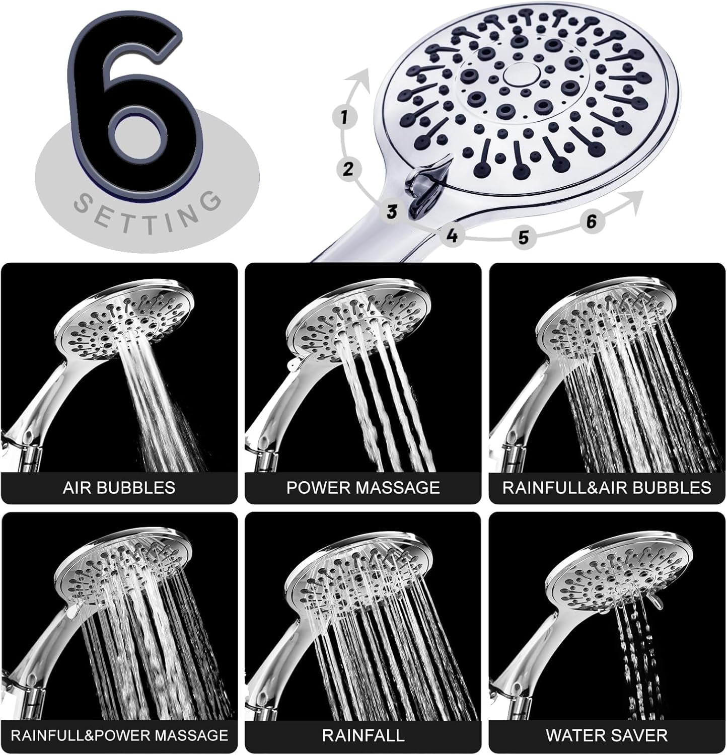 RYJUYJ-6-Setting Shower Head with Handheld Spray Combo, No Tingling ...