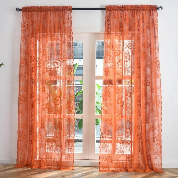 RYJUYJ-96 Inch Burnt Orange Sheer Curtains for Living Room, 2 Panels Rod Pocket Rust Sheer Lace ...