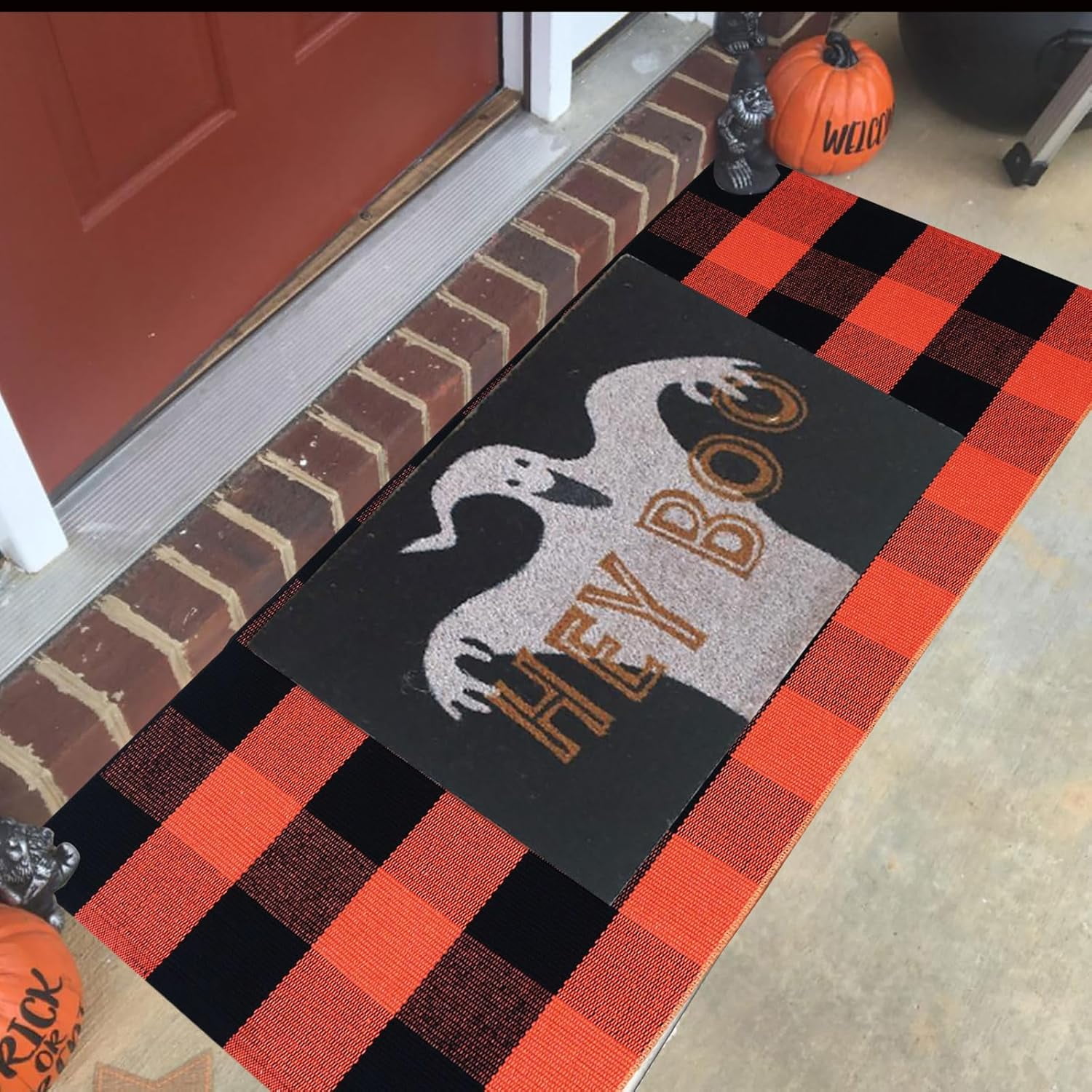RYJUYJ-Halloween Door Mat Orange Buffalo Plaid Outdoor Rug Cotton Hand ...