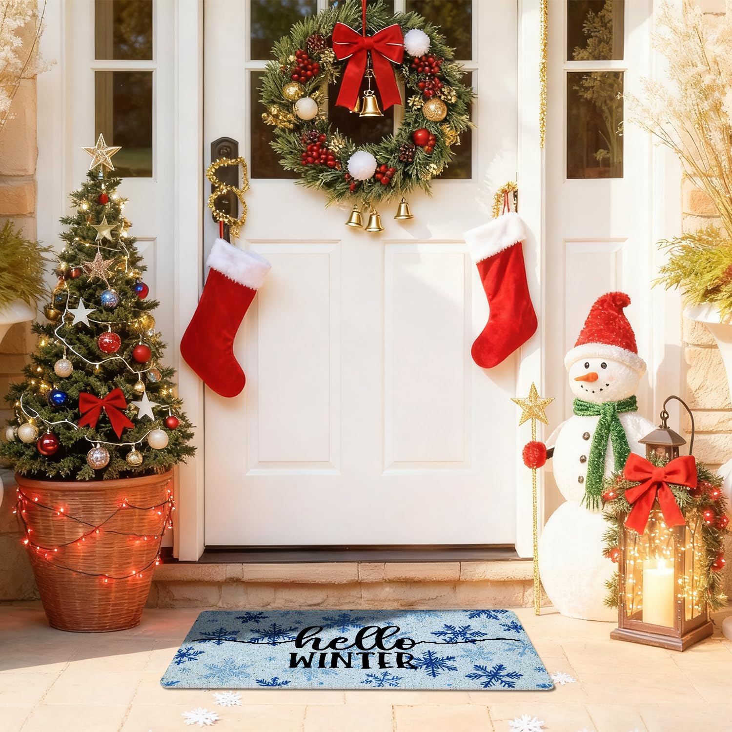 RYJUYJ-Hello Winter Door Mat, Blue Winter Snowflake Doormat for Front ...