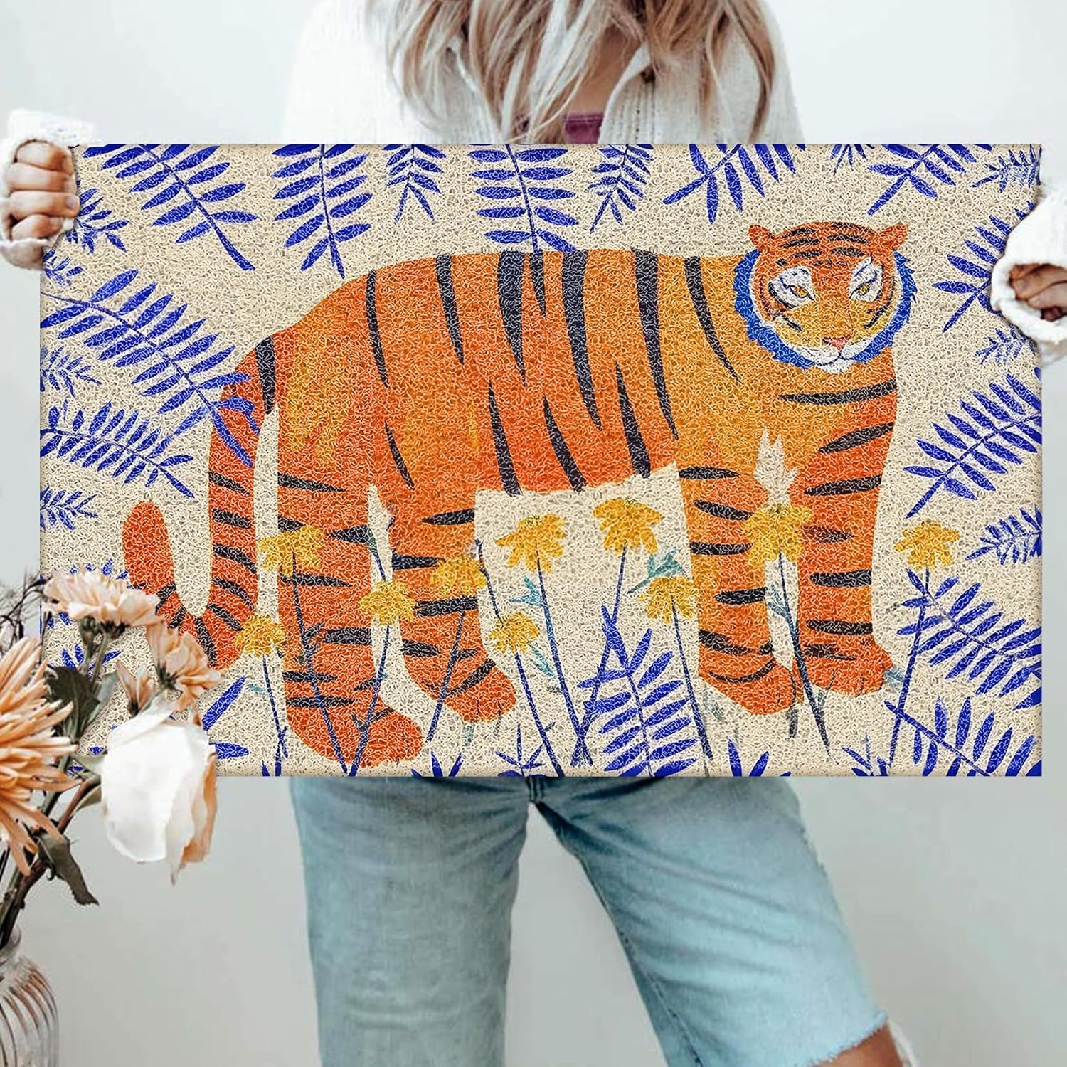 RYJUYJ-Tiger Door Mat, Boho Blue Botanical Jungle Animal Doormat Non ...