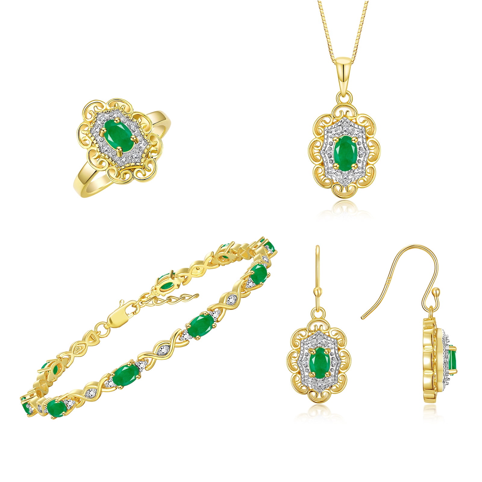 RYLOS Matching Jewelry Set Floral Design: Yellow Gold Plated Silver ...