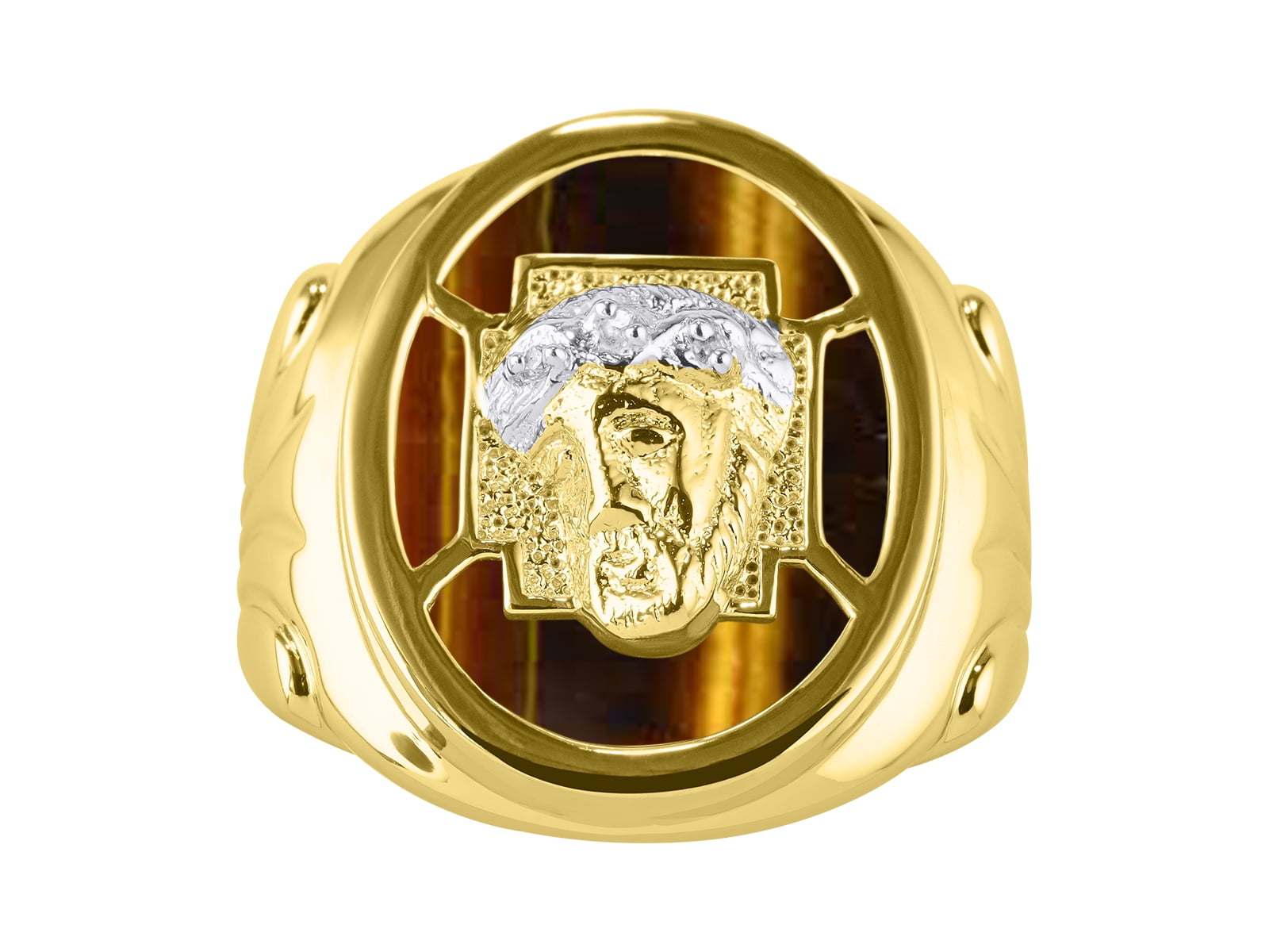RYLOS Men's Rings 14K Yellow Gold Christ Head Religious Ring With ...