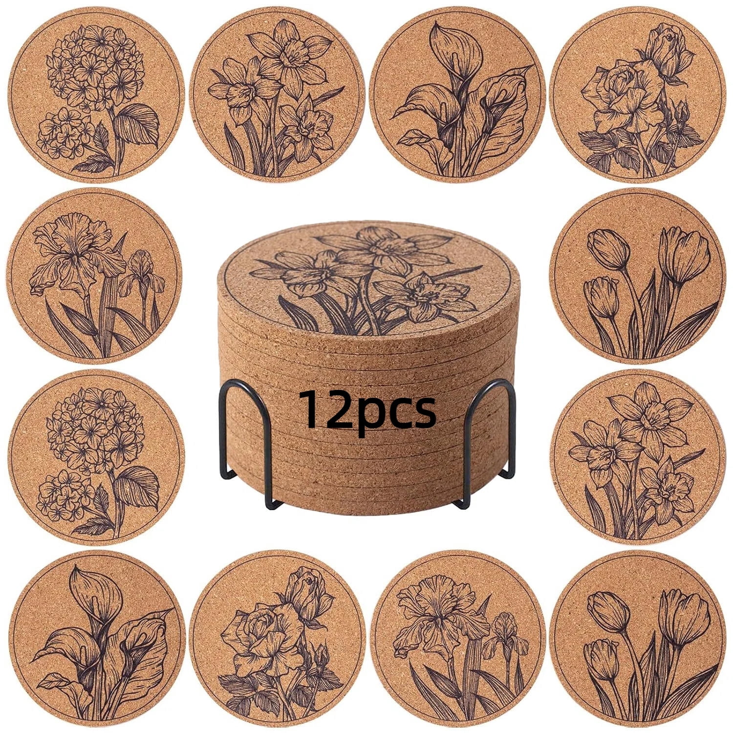 RYLZX 12 pcs Drinks Absorbent Cork Coasters with Flower Coaster for ...