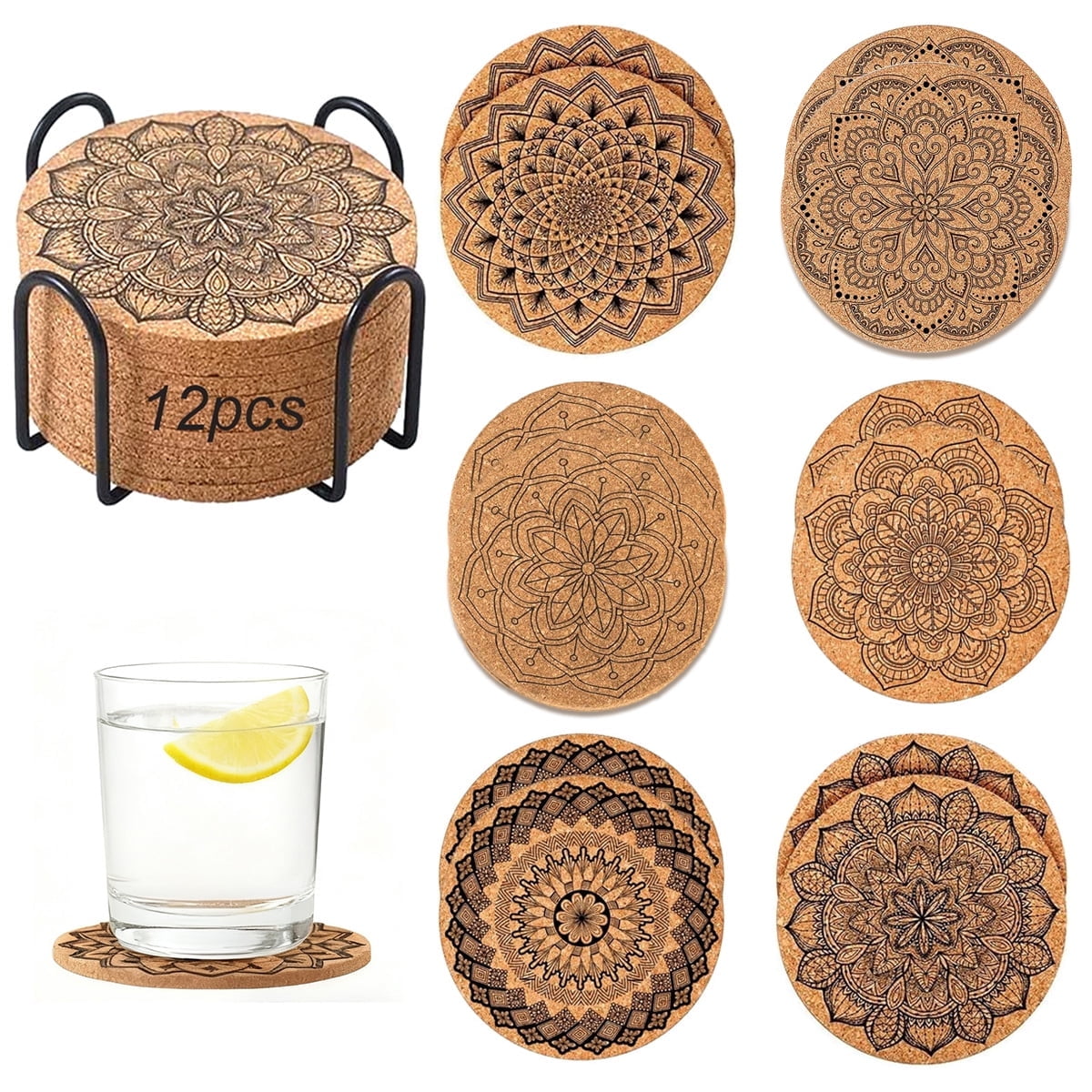 RYLZX Coasters for Drinks 12 pcs Absorbent Cork Coasters with Flower ...