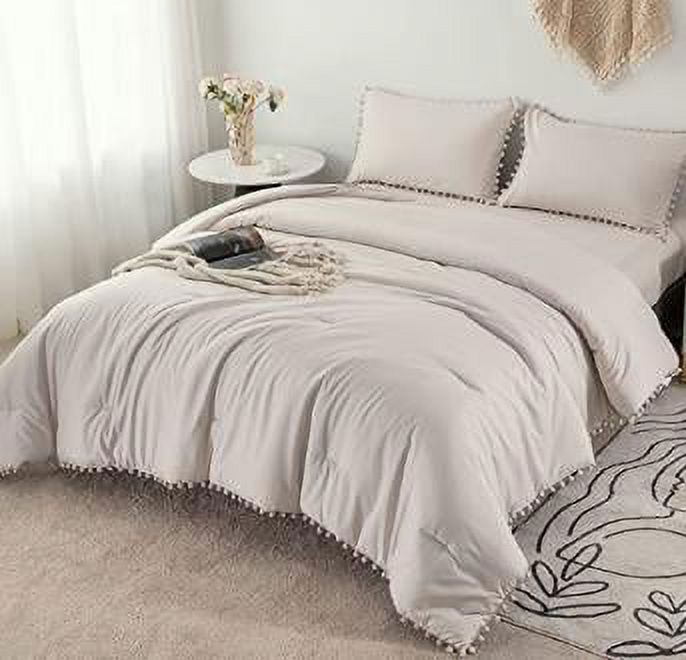 RYNGHIPY 3 Pcs Pom Pom Fringe Comforter Set King Size Beige Grey Boho ...