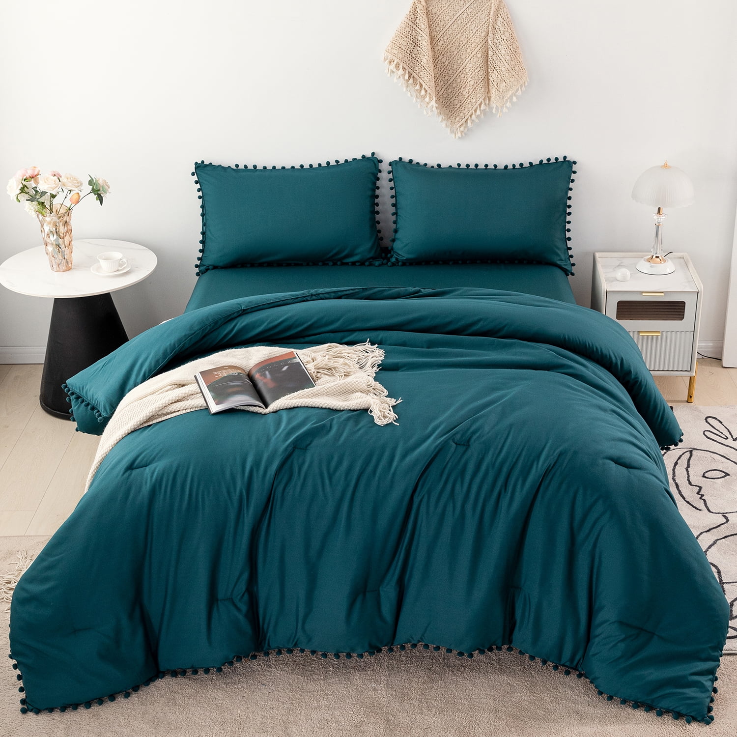 RYNGHIPY 3 Pcs Queen Size Comforter Set Teal Blue Pom Pom Fringe Boho ...