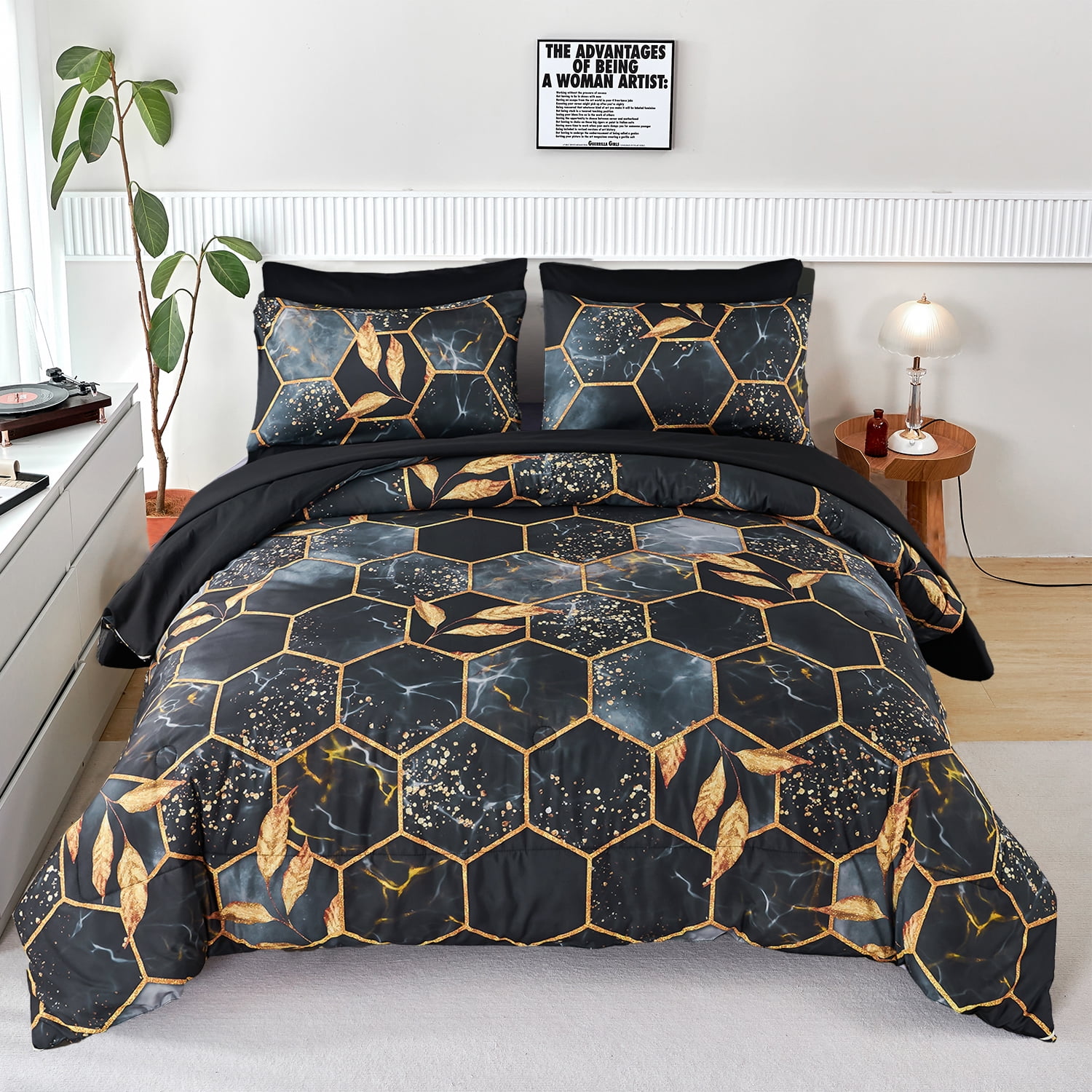 RYNGHIPY 3-Piece Black Comforter Set Full Size Honeycomb Hexagon ...