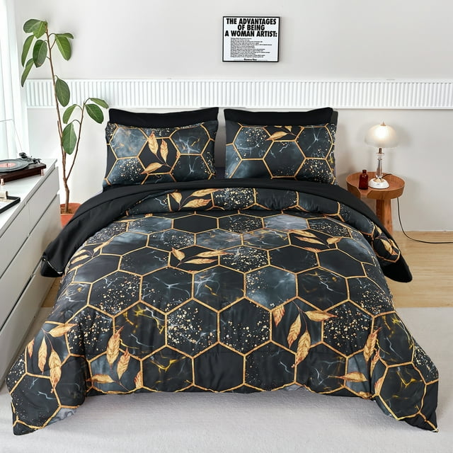 RYNGHIPY 3-Piece Black Comforter Set Full Size Honeycomb Hexagon ...