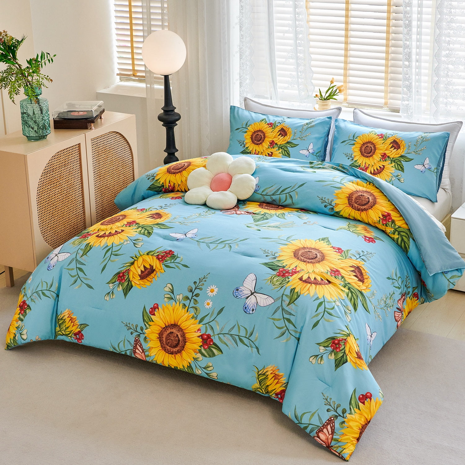 RYNGHIPY 3Pcs Floral Comforter Set for Girls Sky Blue Flower Bedding ...