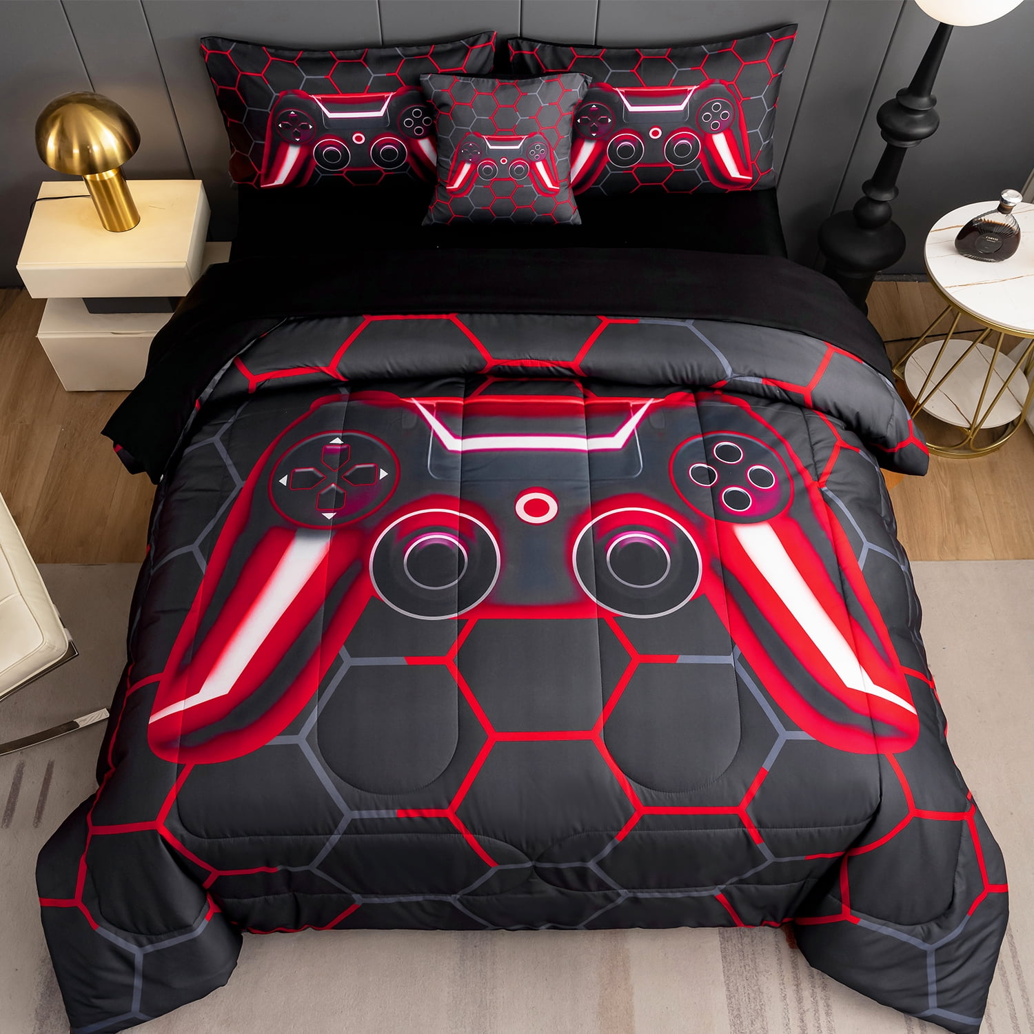 RYNGHIPY Gamer Comforter Set, 6Pcs Queen Size, Video Game Red Bedding ...