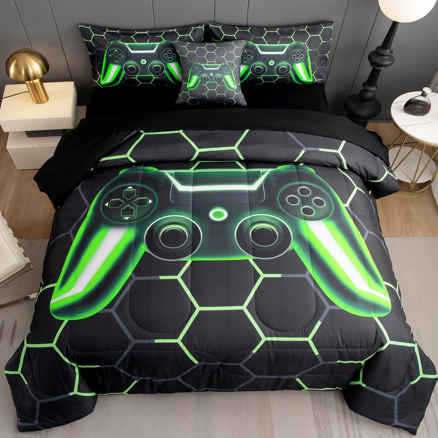RYNGHIPY Gamer Bed in A Bag Comforter Set, Twin Size 6Pcs, Green ...