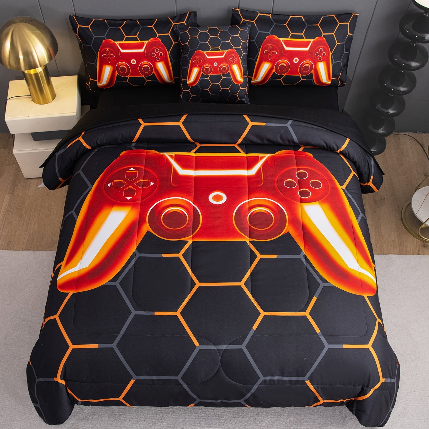 RYNGHIPY Bed in a Bag Orange Game Console Comforter Set for Boys Teens ...