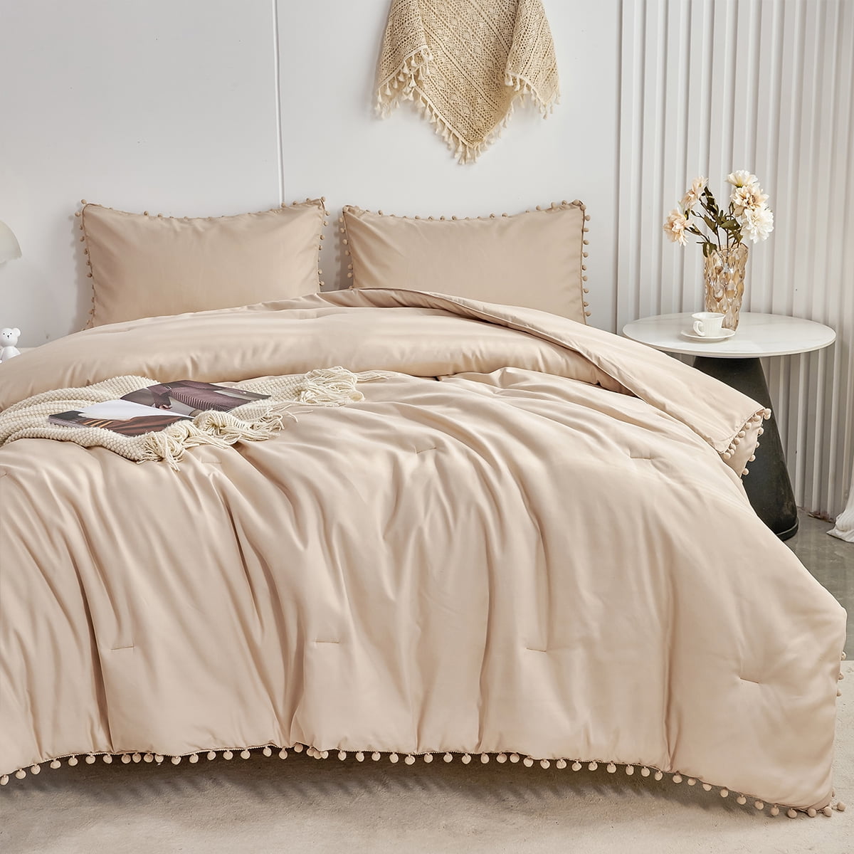 RYNGHIPY Beautiful Beige Twin Size Boho Chic Comforter Set with Pom ...