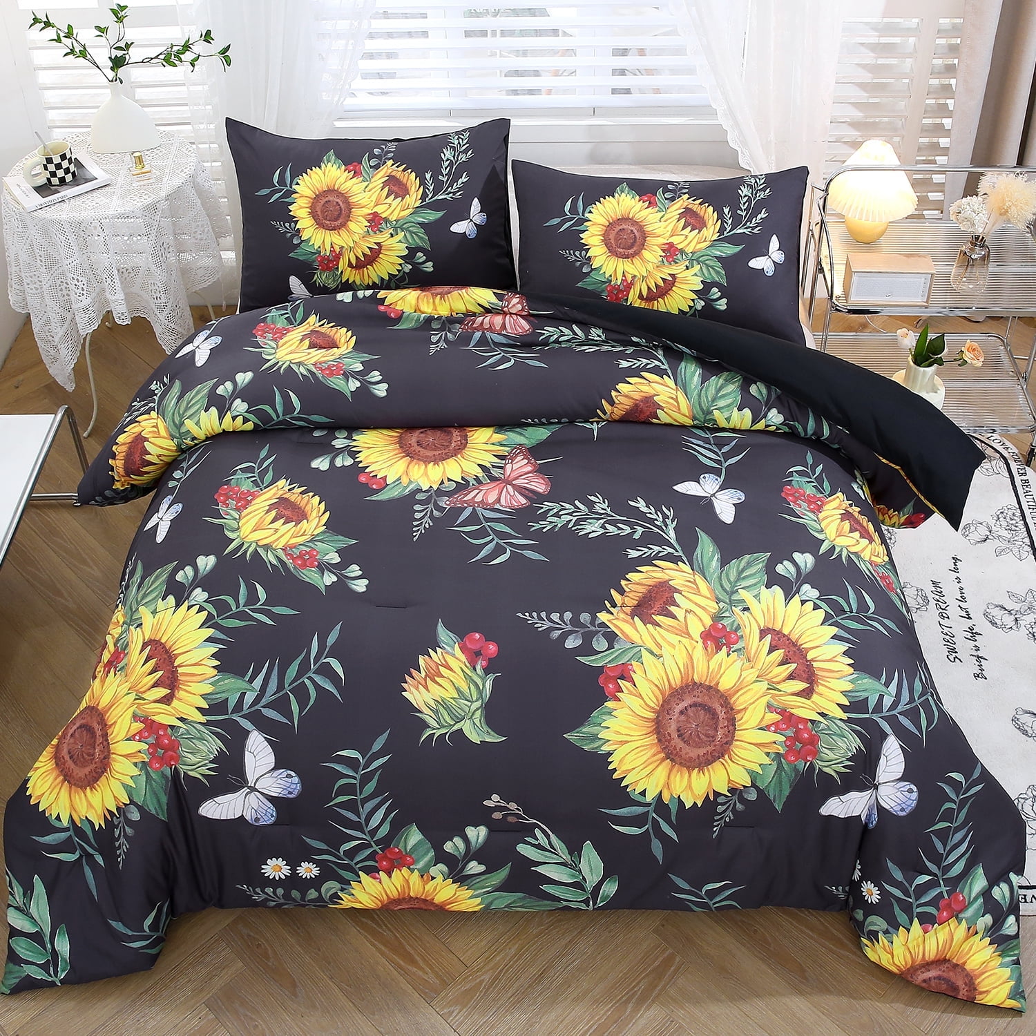 RYNGHIPY Black Bedding Set Queen Size Sunflower Leaves Butterflies ...