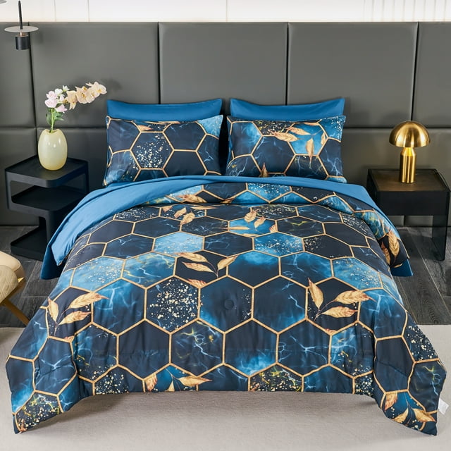 RYNGHIPY Blue Gold King Comforter Set -3 Piece Bedding Set King Marble ...
