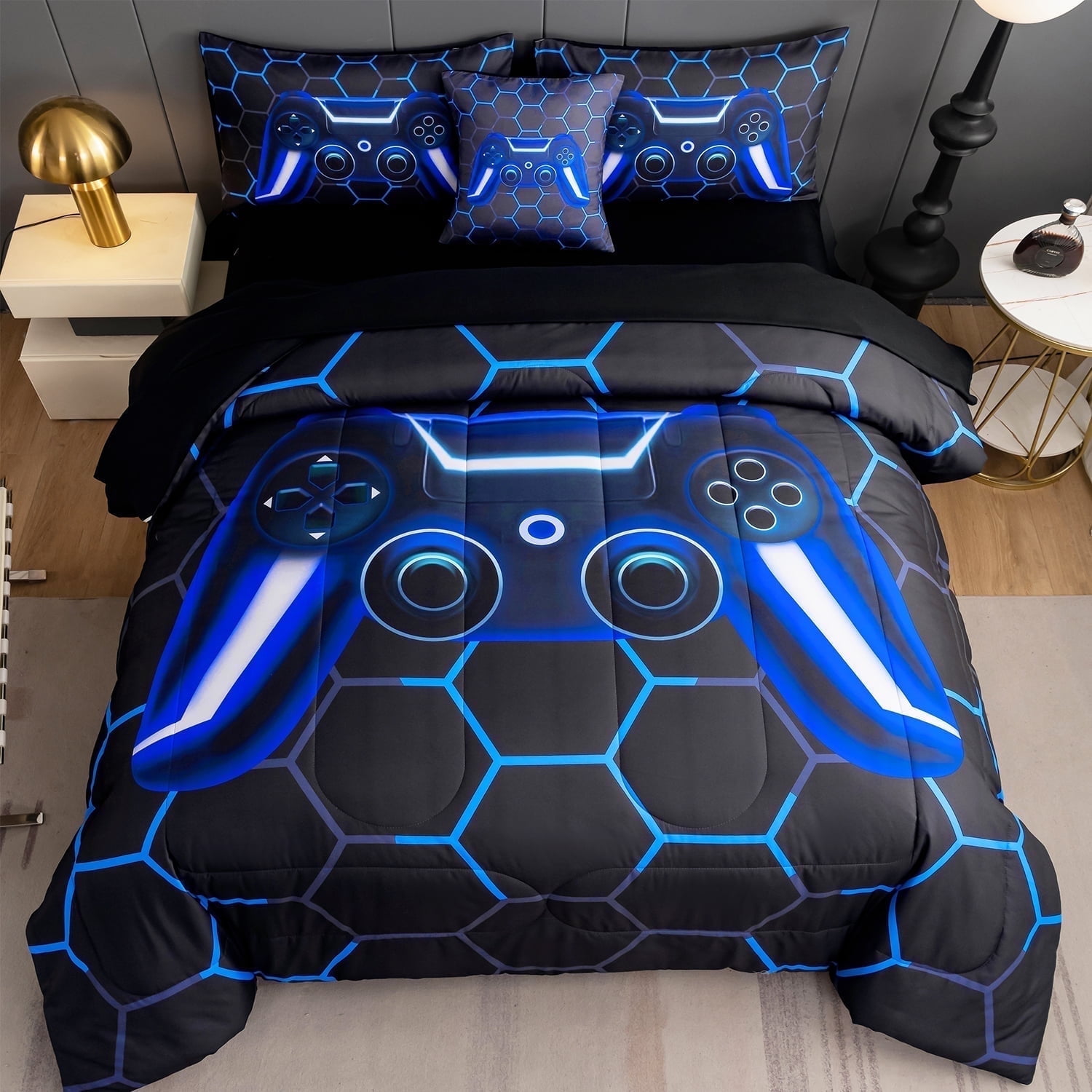 RYNGHIPY Full Size Gaming Comforter Set, 6Pcs Blue Bed in a Bag with ...