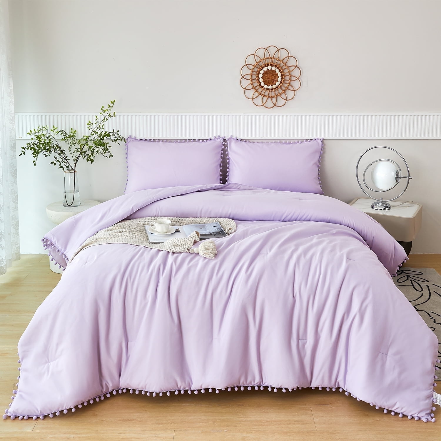 RYNGHIPY Full Size Light Purple Comforter Set for Girls with Pom Pom ...