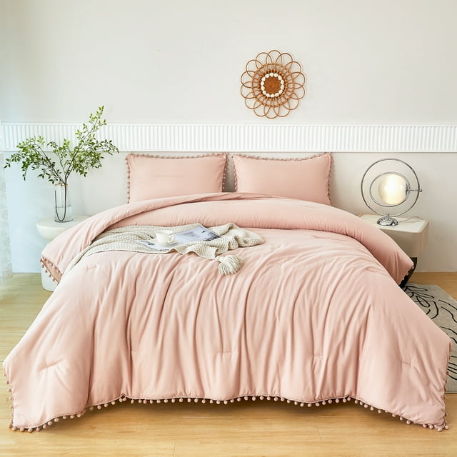 RYNGHIPY Pink Pom Fringe 3-Piece Full Size Comforter Set, Boho Chic ...