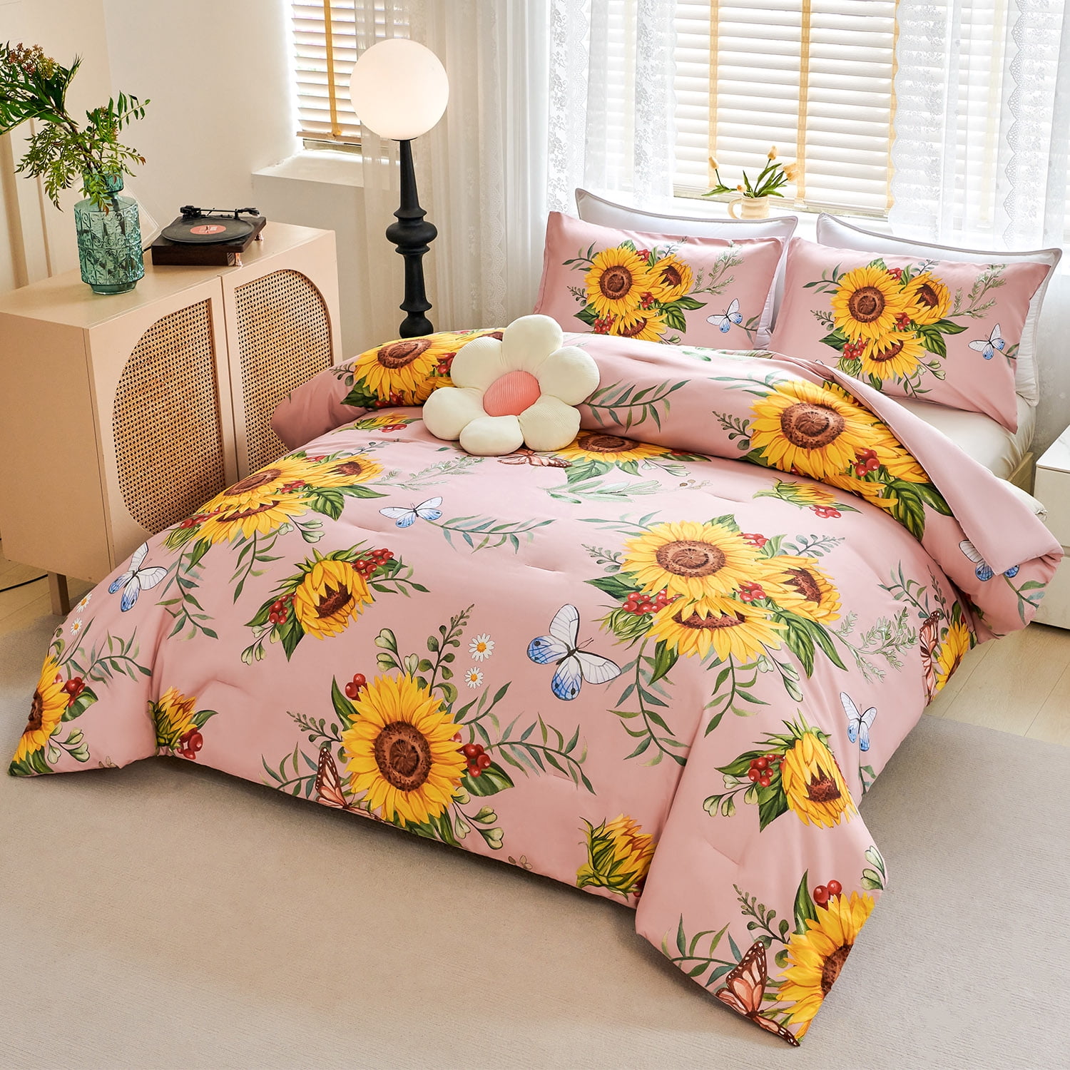 RYNGHIPY Pink Floral Bed Set Queen Size 3Pcs Sunflower Comforter Set ...
