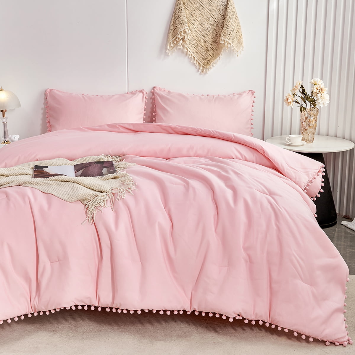 RYNGHIPY Pink Full Size 3 Pcs Comforter Set with Pom Fringe, Boho Chic ...