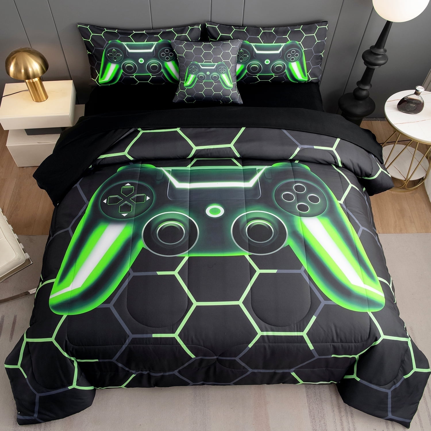 RYNGHIPY Queen Gamer Comforter Set for Boys Teens Kids 6Pcs Bed in a Bag Green Game Video Bed ...