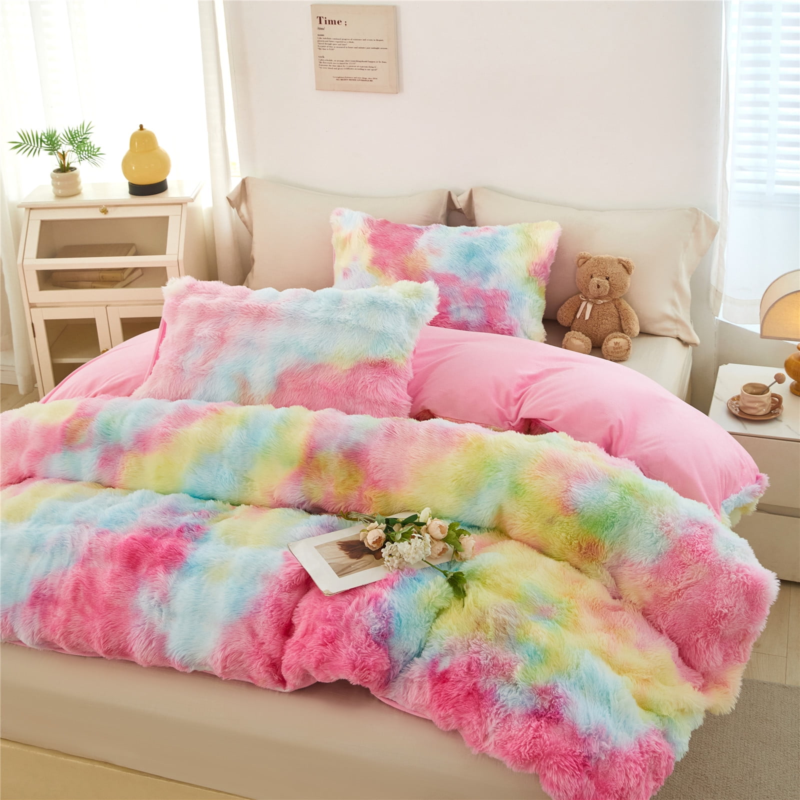 RYNGHIPY Twin Faux Fur Bedding Set for Girls 3Pcs Rainbow Bubble ...