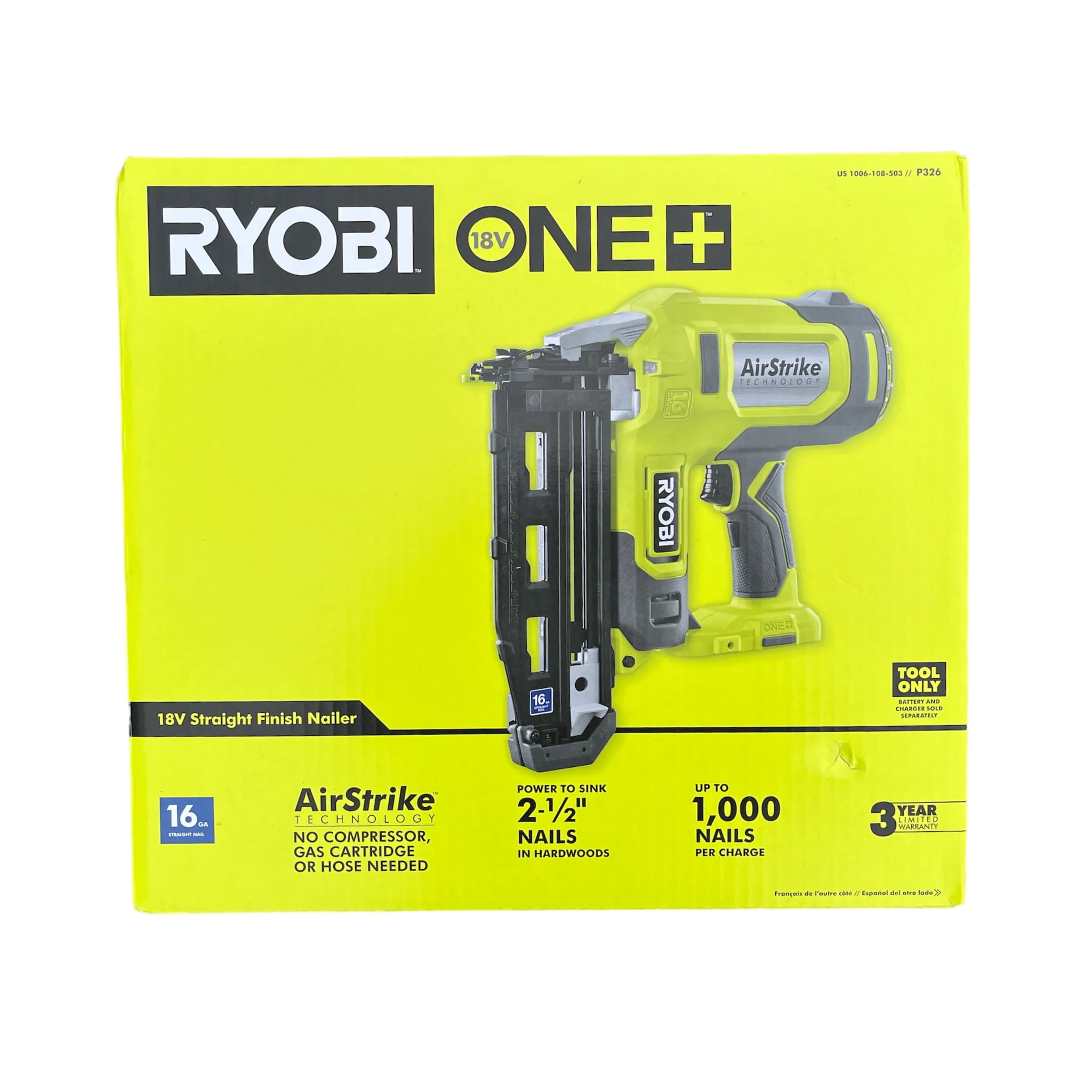 RYOBI 18-Volt 16-Gauge Cordless AirStrike Finish Nailer (Tool Only ...
