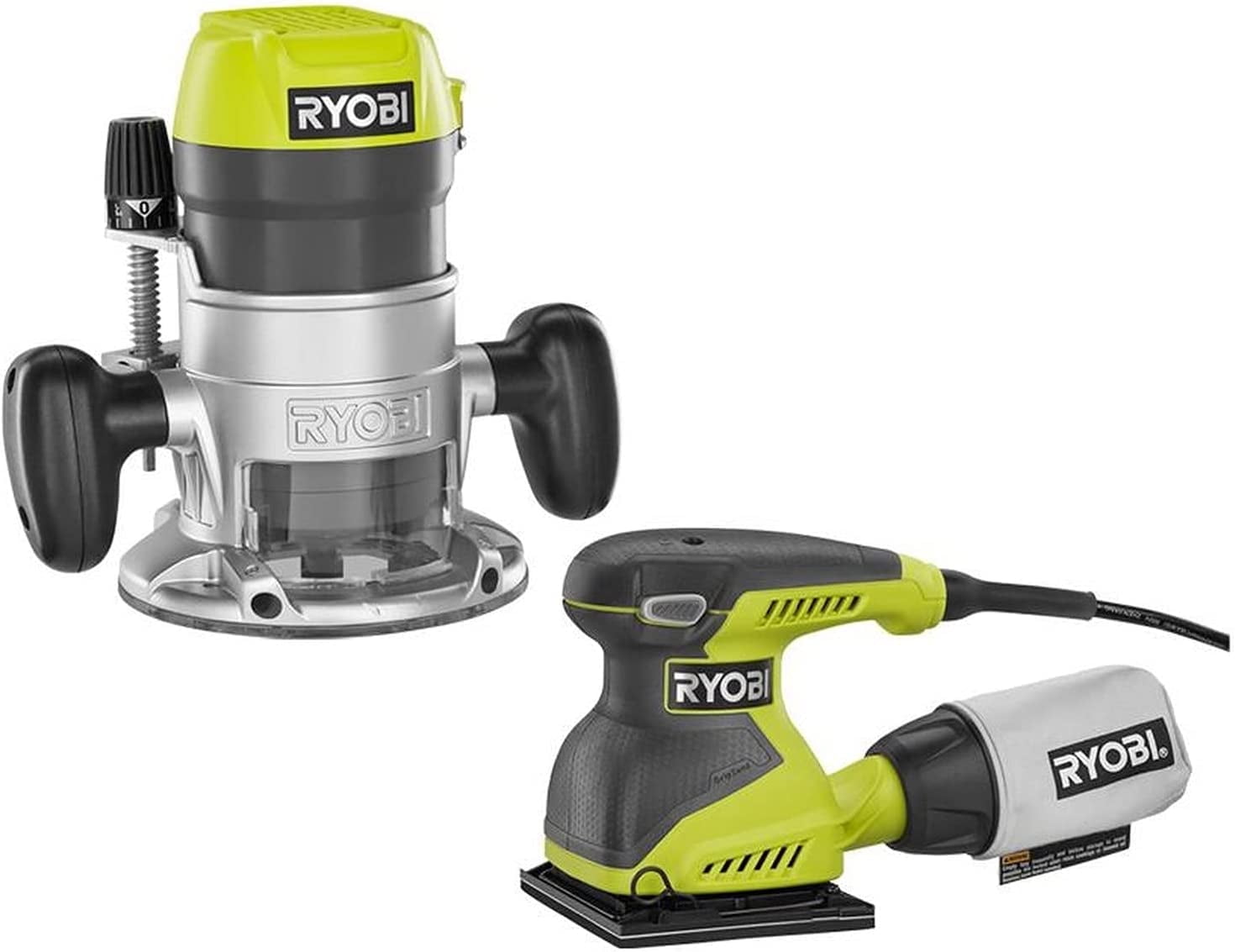 RYOBI 8.5 Amp 1-1/2 Peak HP Fixed Base Router & 1/4 Sheet Finish Sander ...