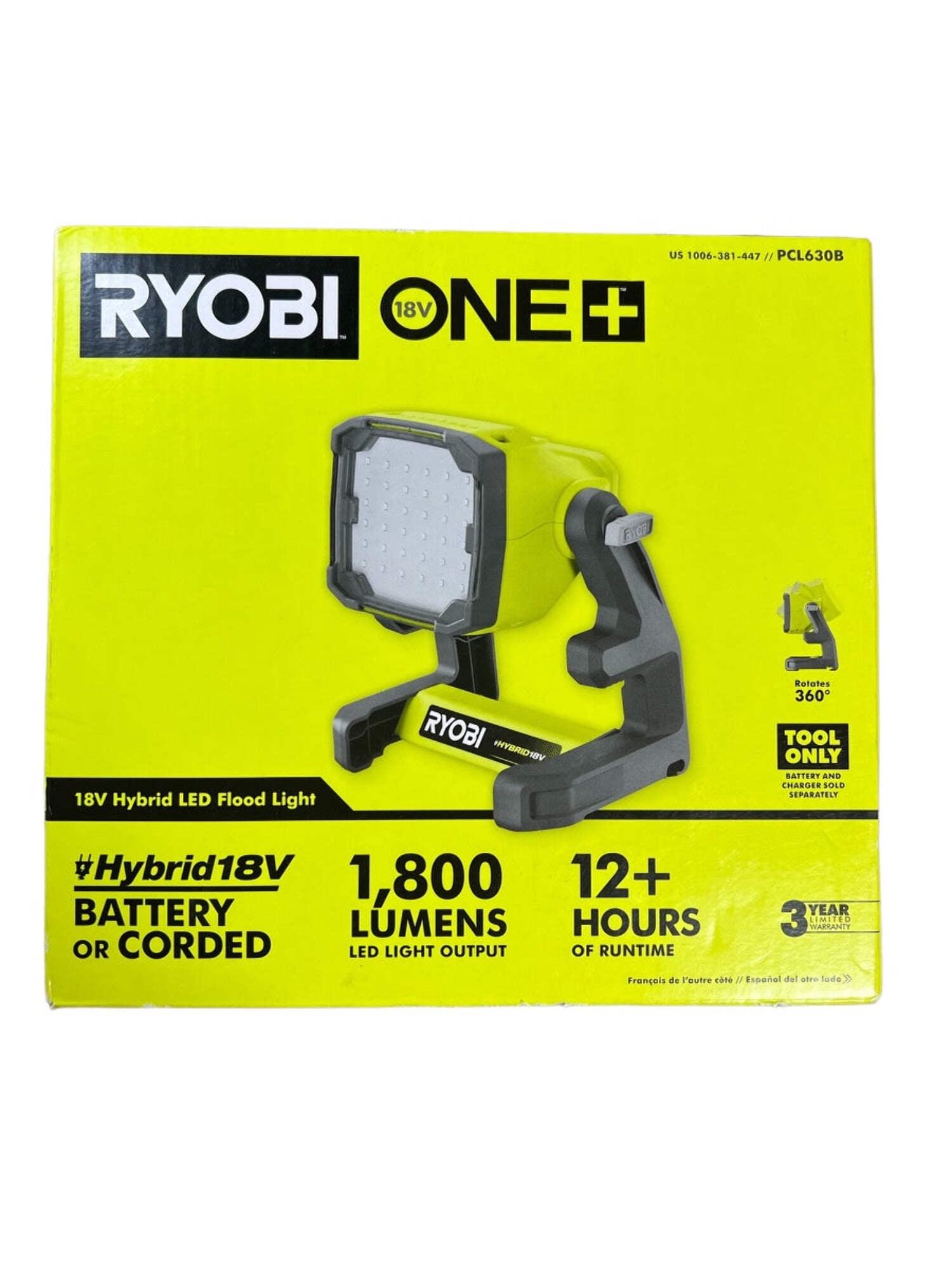 RYOBI ONE+ 18V Cordless Hybrid LED Work Spotlight, 1800 Lumens Flood ...
