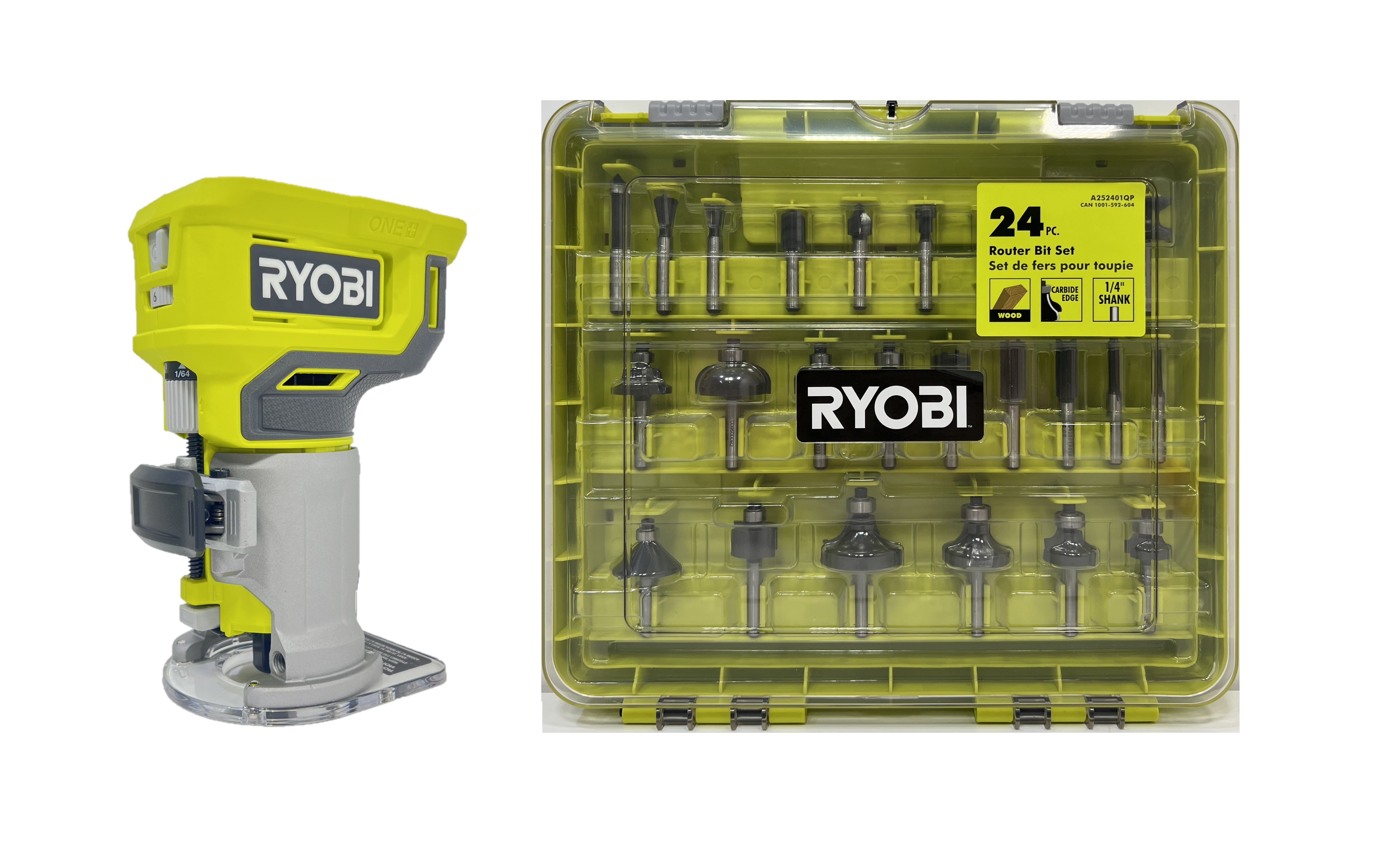 RYOBI ONE+ 18V Cordless Fixed Base Trim Router with 24-Piece Router Bit ...
