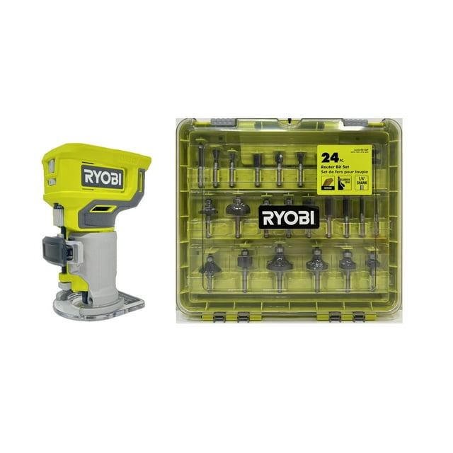 RYOBI ONE+ 18V Cordless Fixed Base Trim Router with 24-Piece Router Bit ...