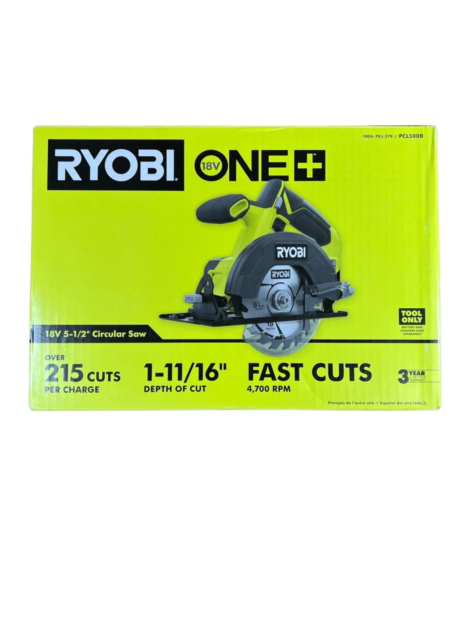 RYOBI PCL500B 18V Cordless Circular Saw, 5-1/2 in, 4700 RPM, Bevel Up ...