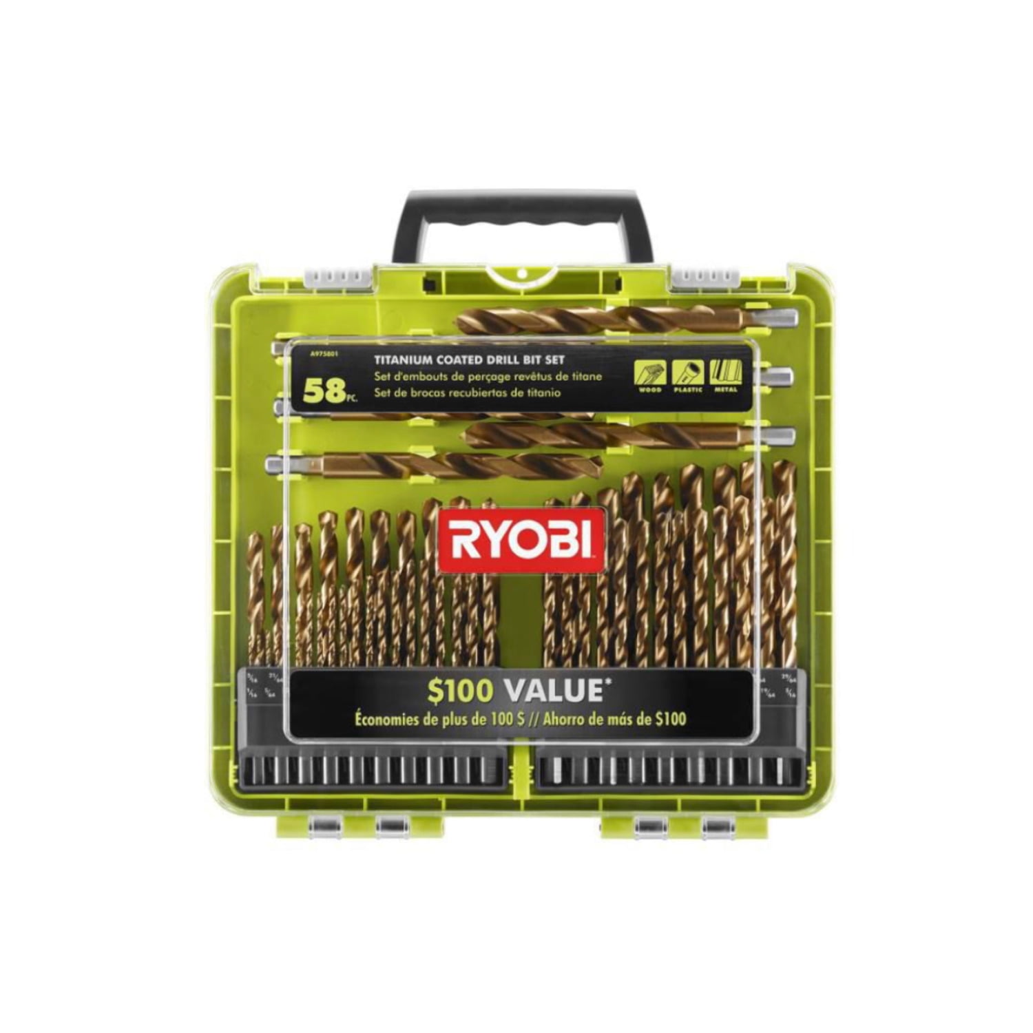 RYOBI Titanium Coated Drill Bit Set, 58-Piece, For Wood, Metal, Plastic ...