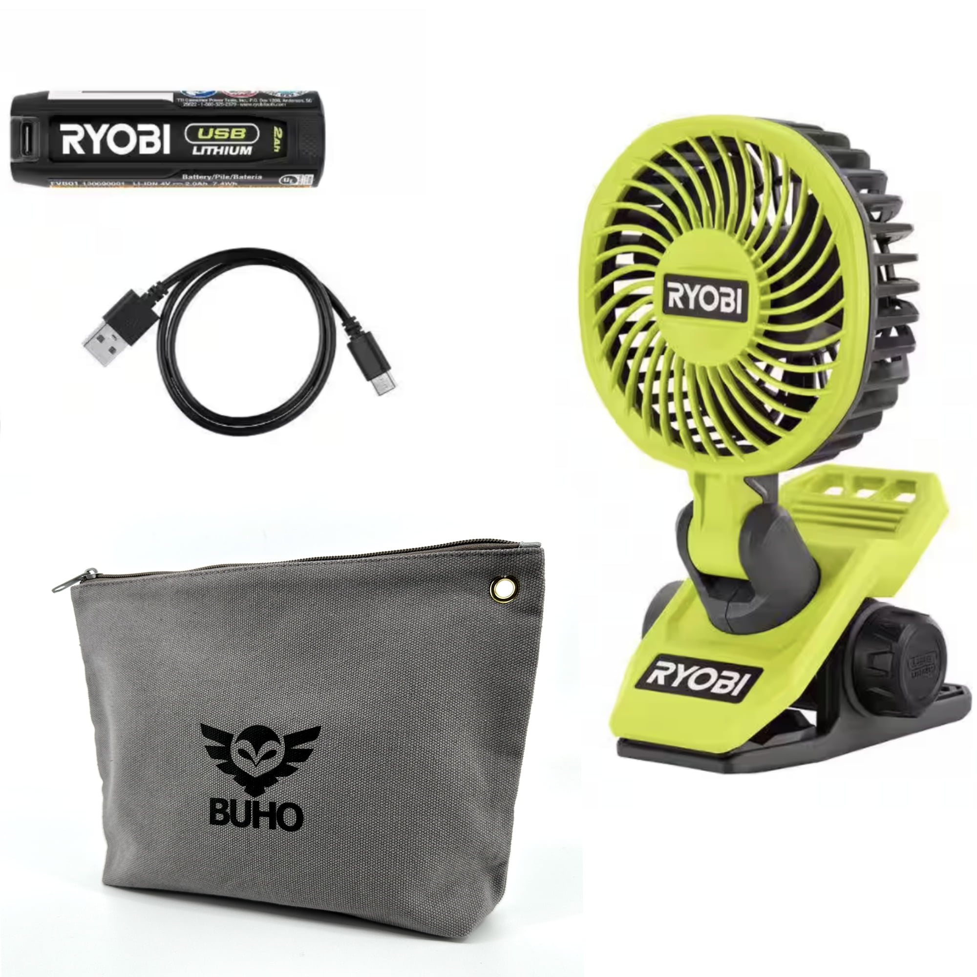 RYOBI USB Clamp Fan Zipper Pouch Bundle - Powerful Personal Cooling ...