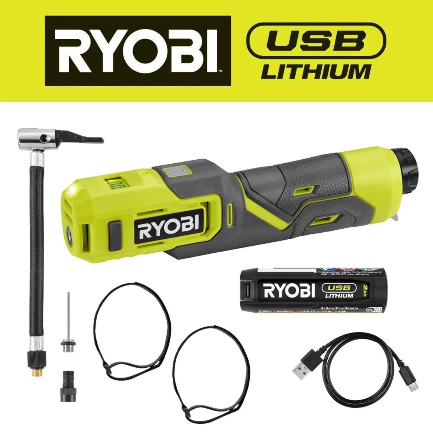 RYOBI USB Lithium Cordless High Pressure Portable Inflator Kit with 2.0 ...