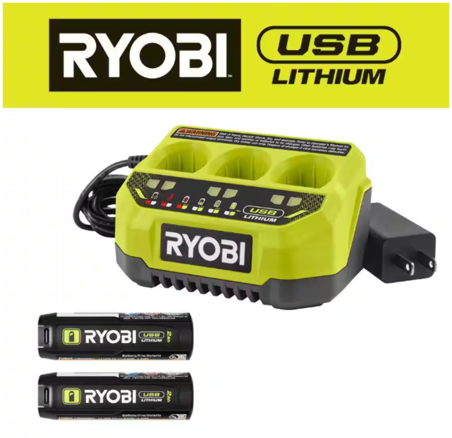 RYOBI USB Lithium Starter Kit with (2) 2.0 Ah Batteries and 3-Port ...