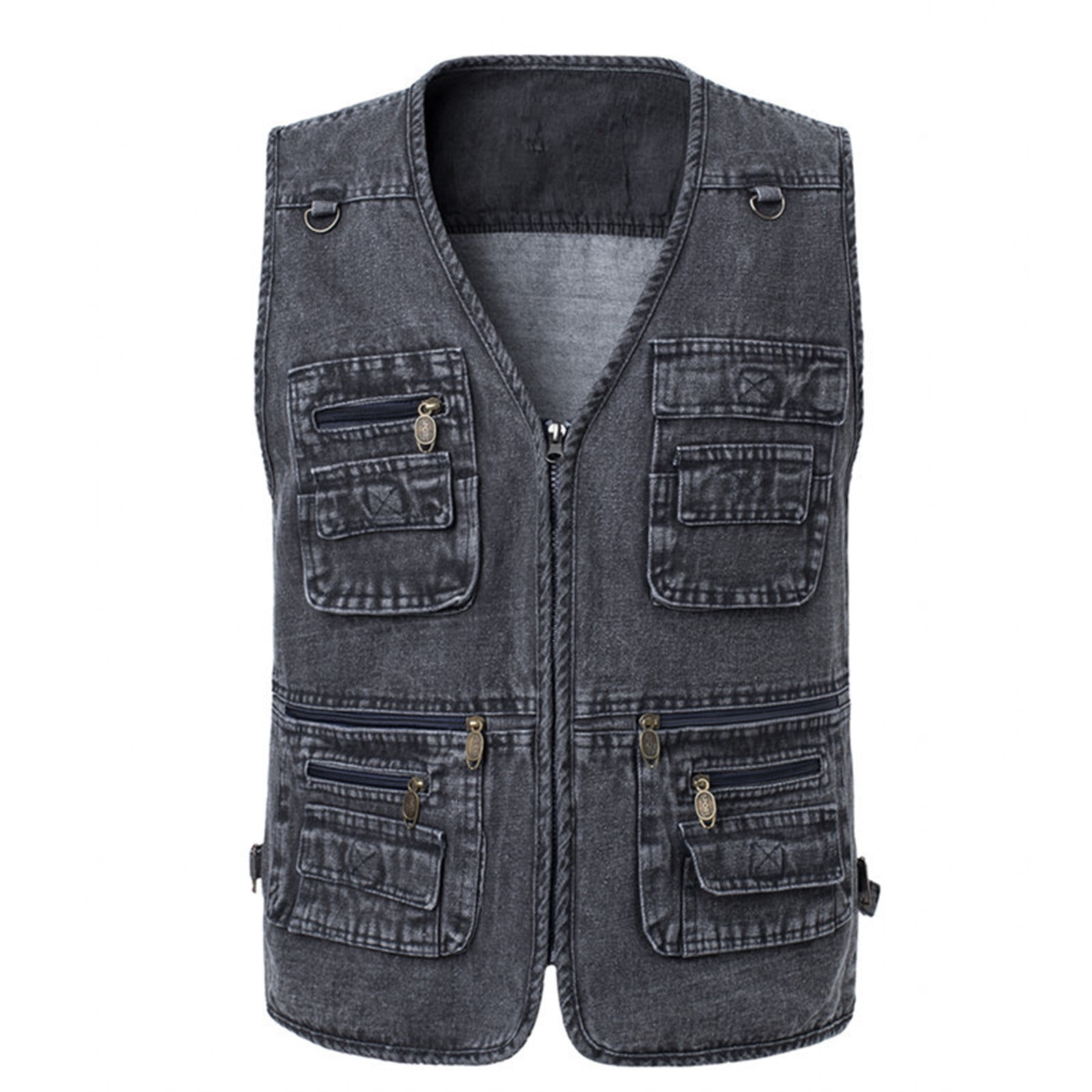 RYRJJ Men's Denim Vest with Multiple Pockets Sleeveless V-Neck Outdoor ...