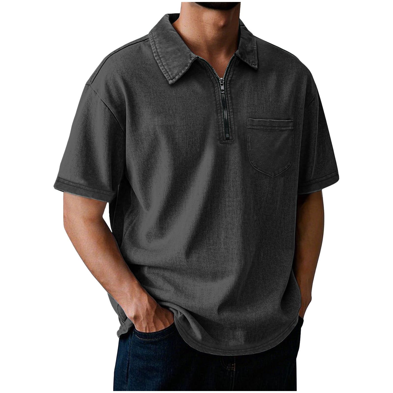 RYRJJ Mens Polo Shirts Quarter Zip Shirts Vintage Washed Distressed ...